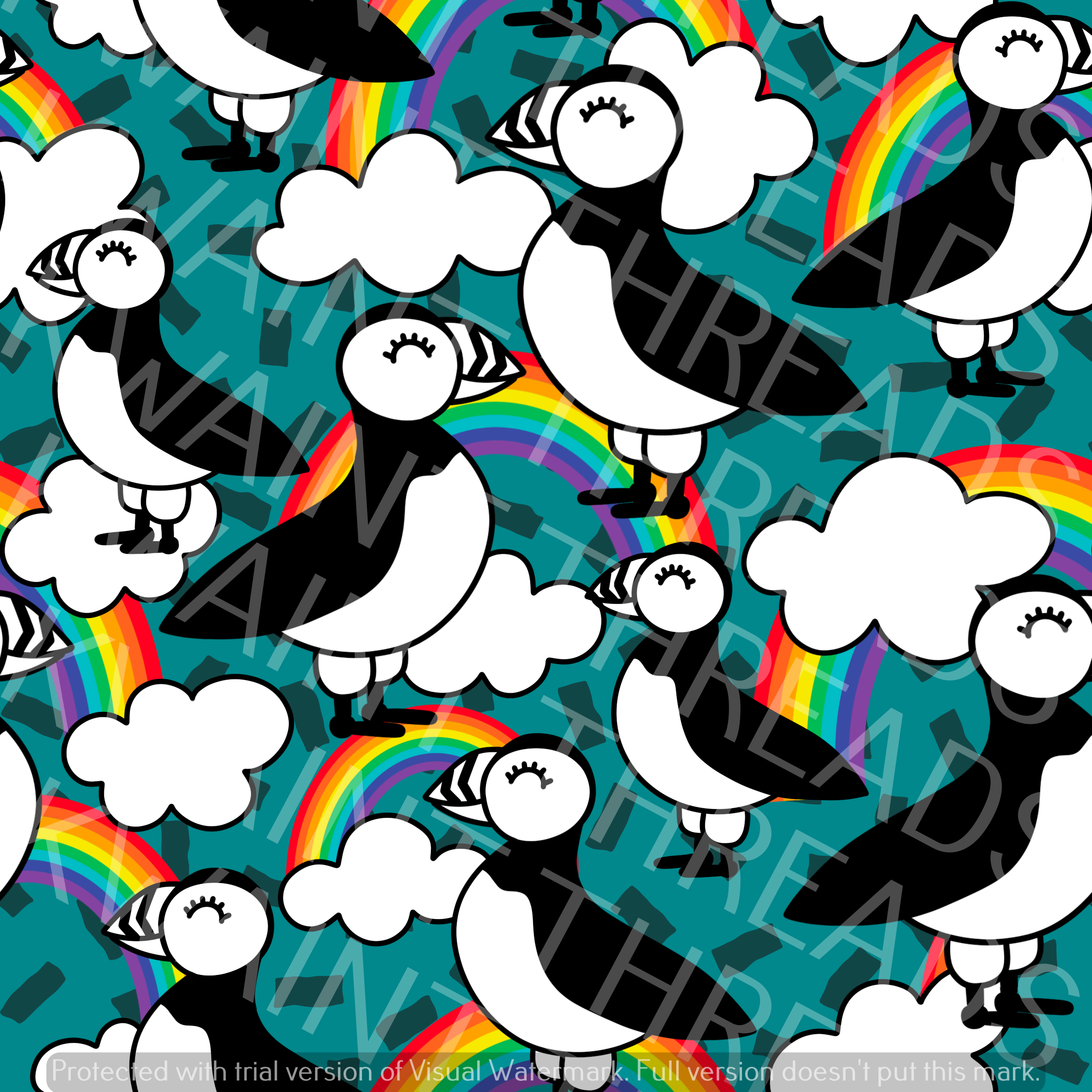 Fabric Mama Puffy Clouds Rainbow Puffins Fabric On Demand Pre Order ...